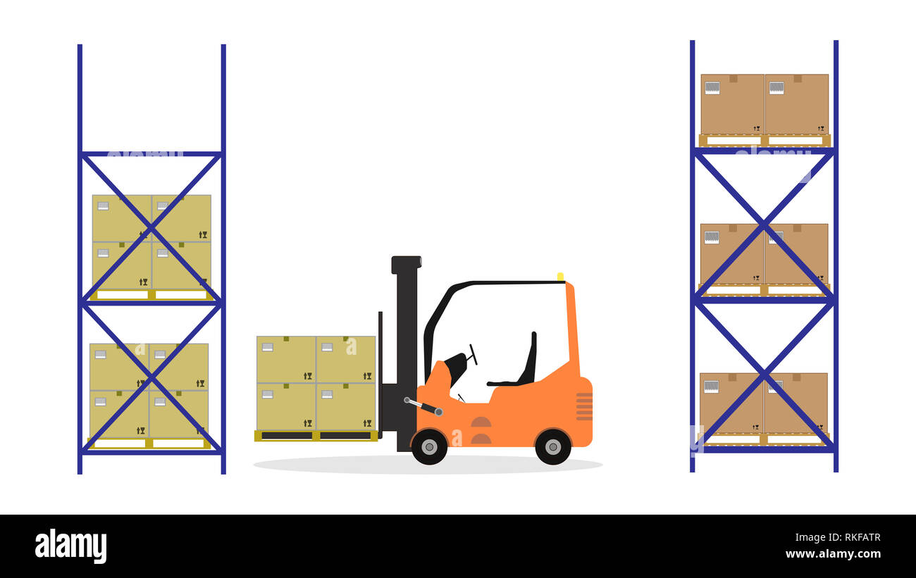 Forklift Warehouse. Unloading, loading, storage and delivery of cargo ...