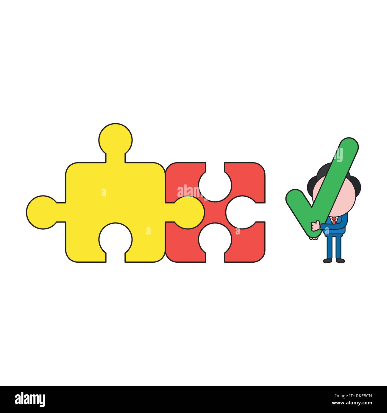 Vector illustration businessman character with two connected jigsaw ...