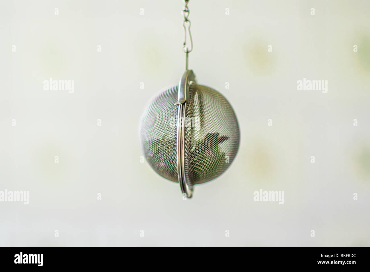 Suspended metal tea infuser with dried leaves of green tea and mint on ...