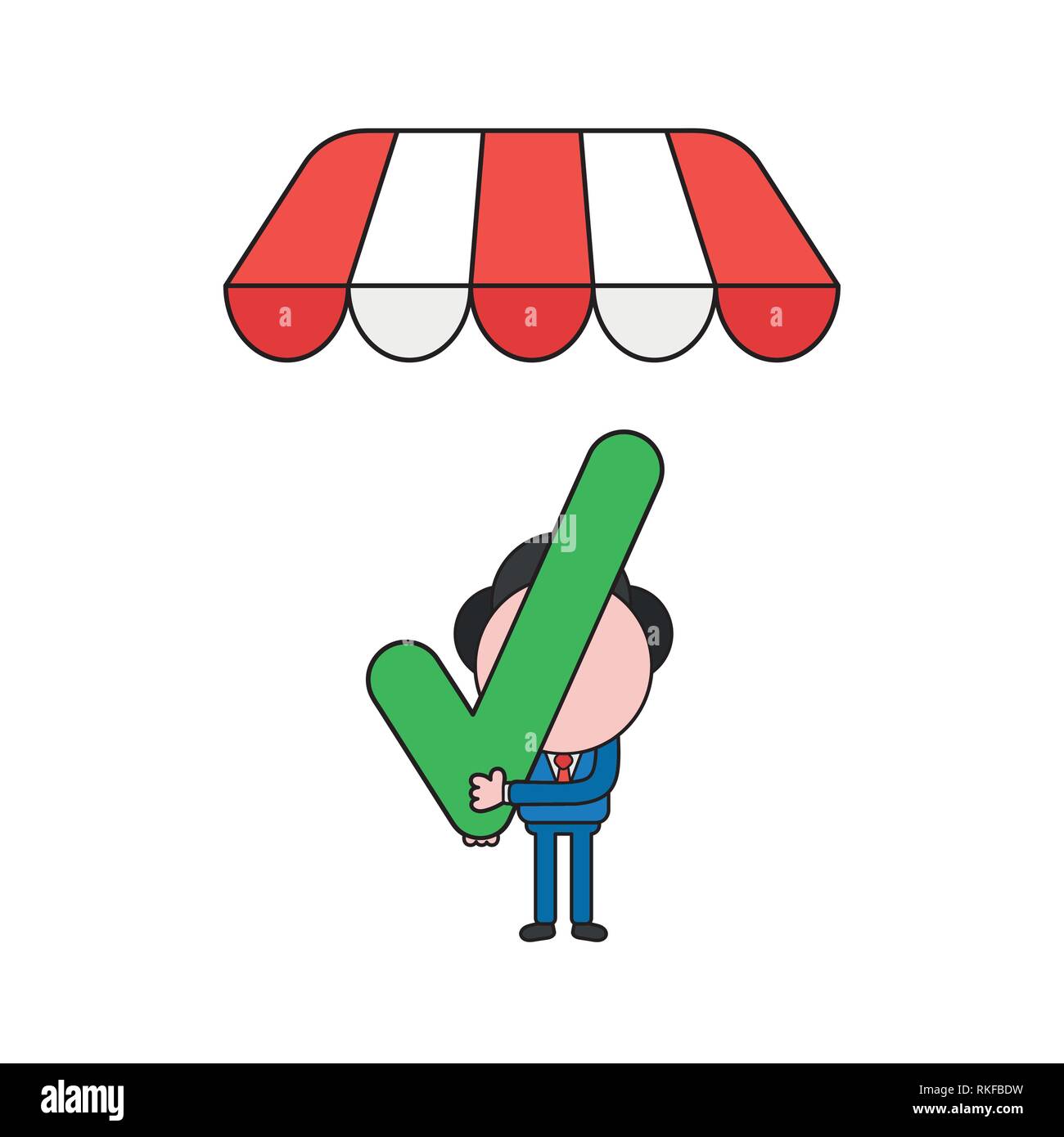 Vector illustration businessman character holding check mark under shop ...