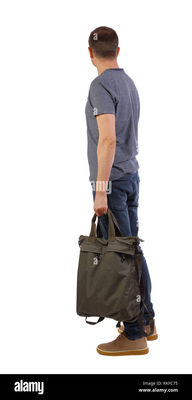 Back view of a man with a green bag. backside view of person. Rear view ...