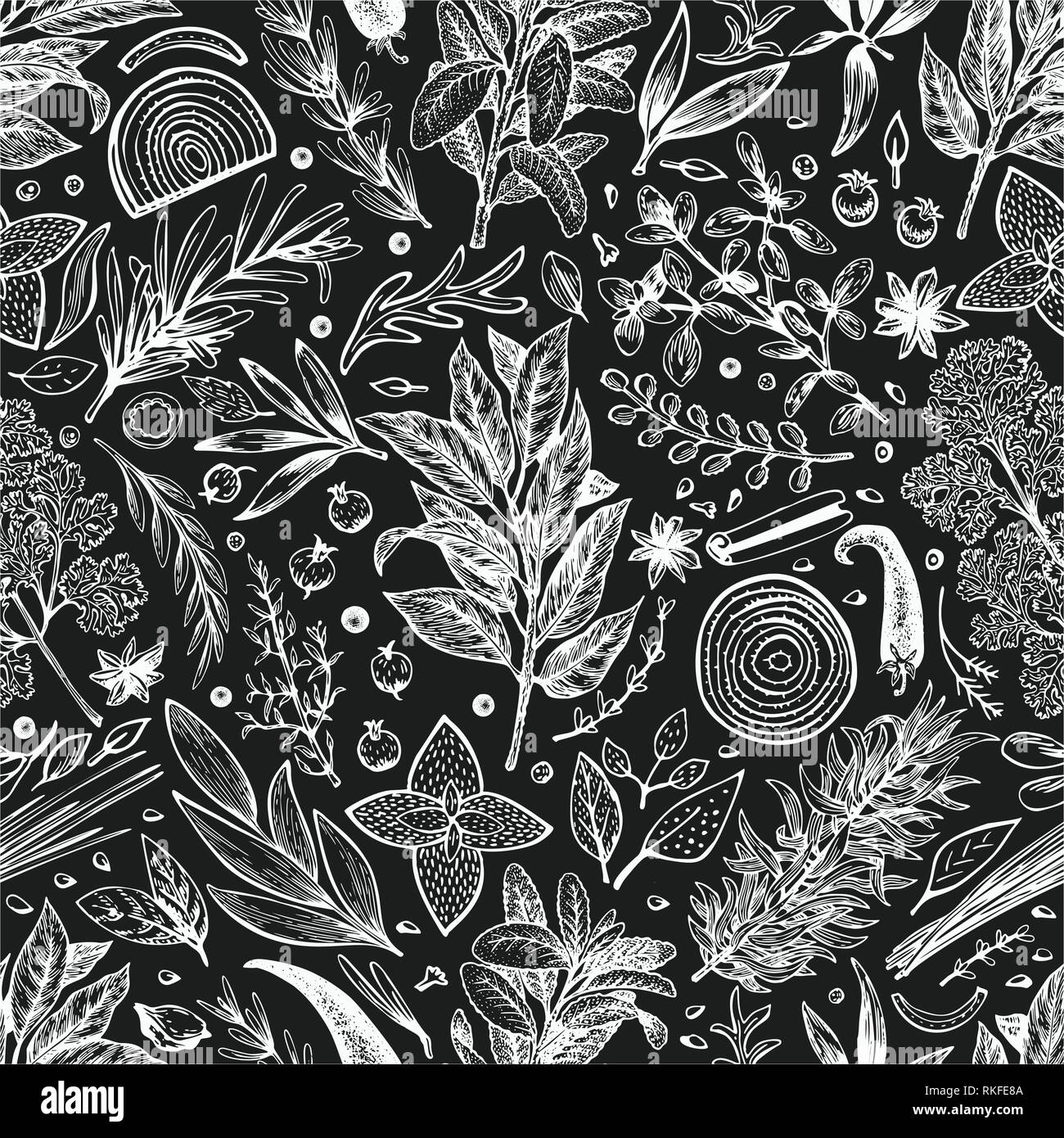 Culinary herbs and spices seamless pattern. Vector background for design menu, packaging ...