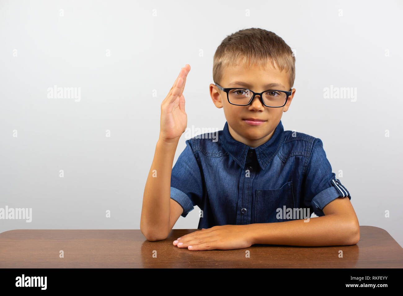 Boy student sitting at a table on a light background. Concept back to ...