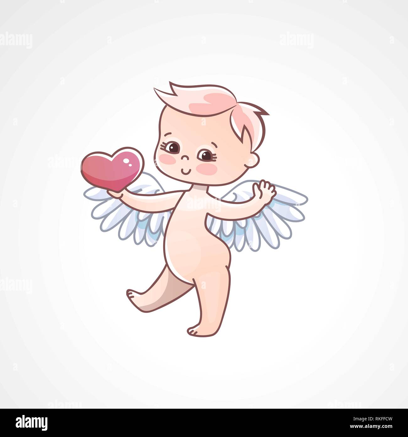 Angel baby with heart in hands on a white background. Greeting card for ...
