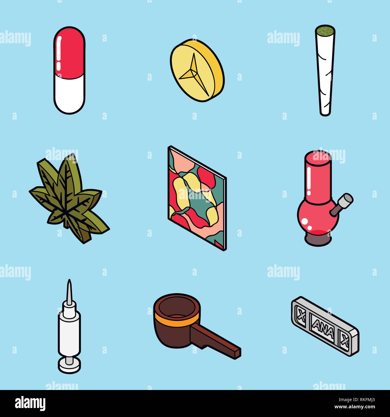 Drugs flat outline isometric icons such as pill, medicine. Vector ...