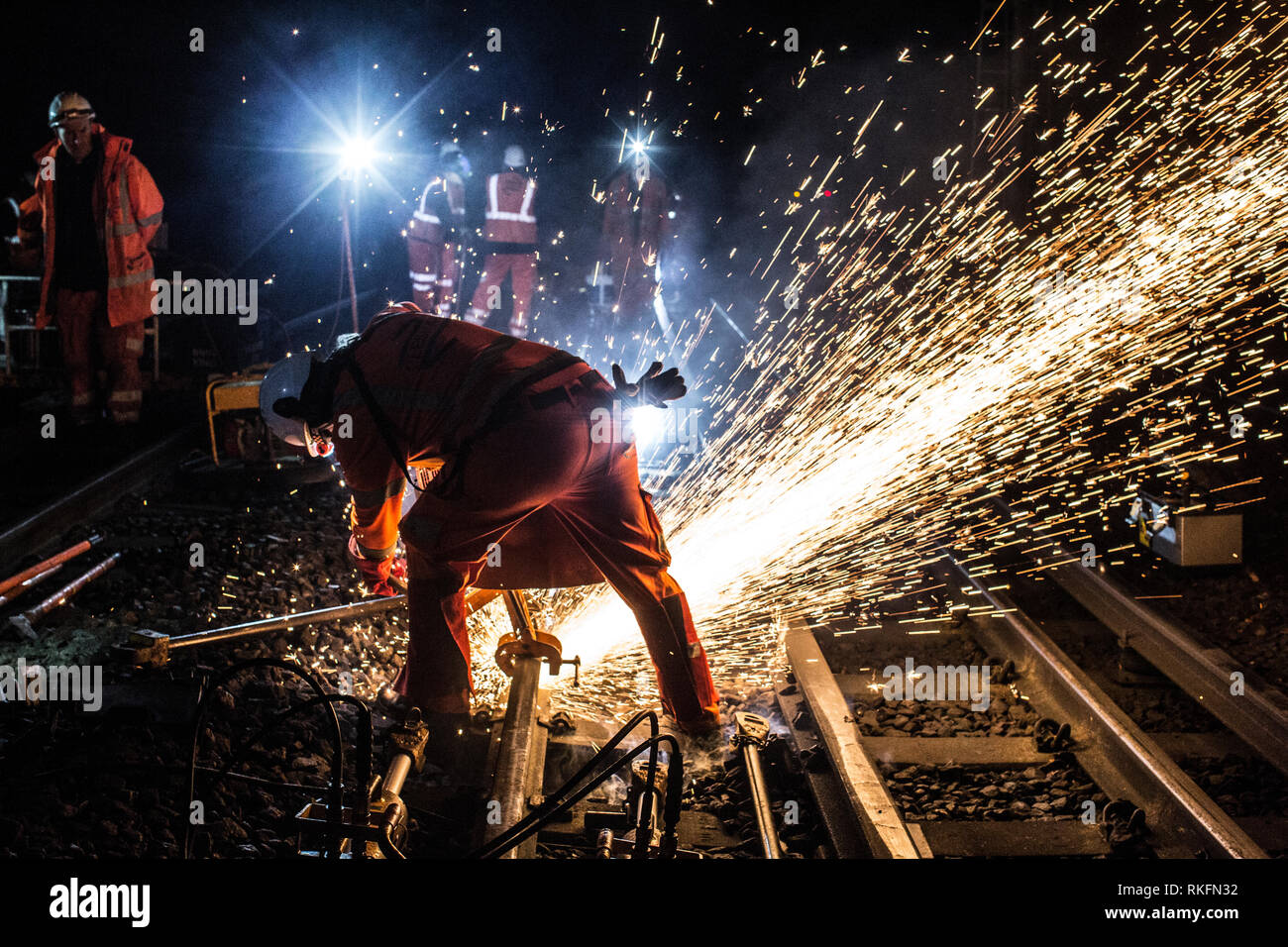 Track renewal engineers working during the night to replace sections of ...