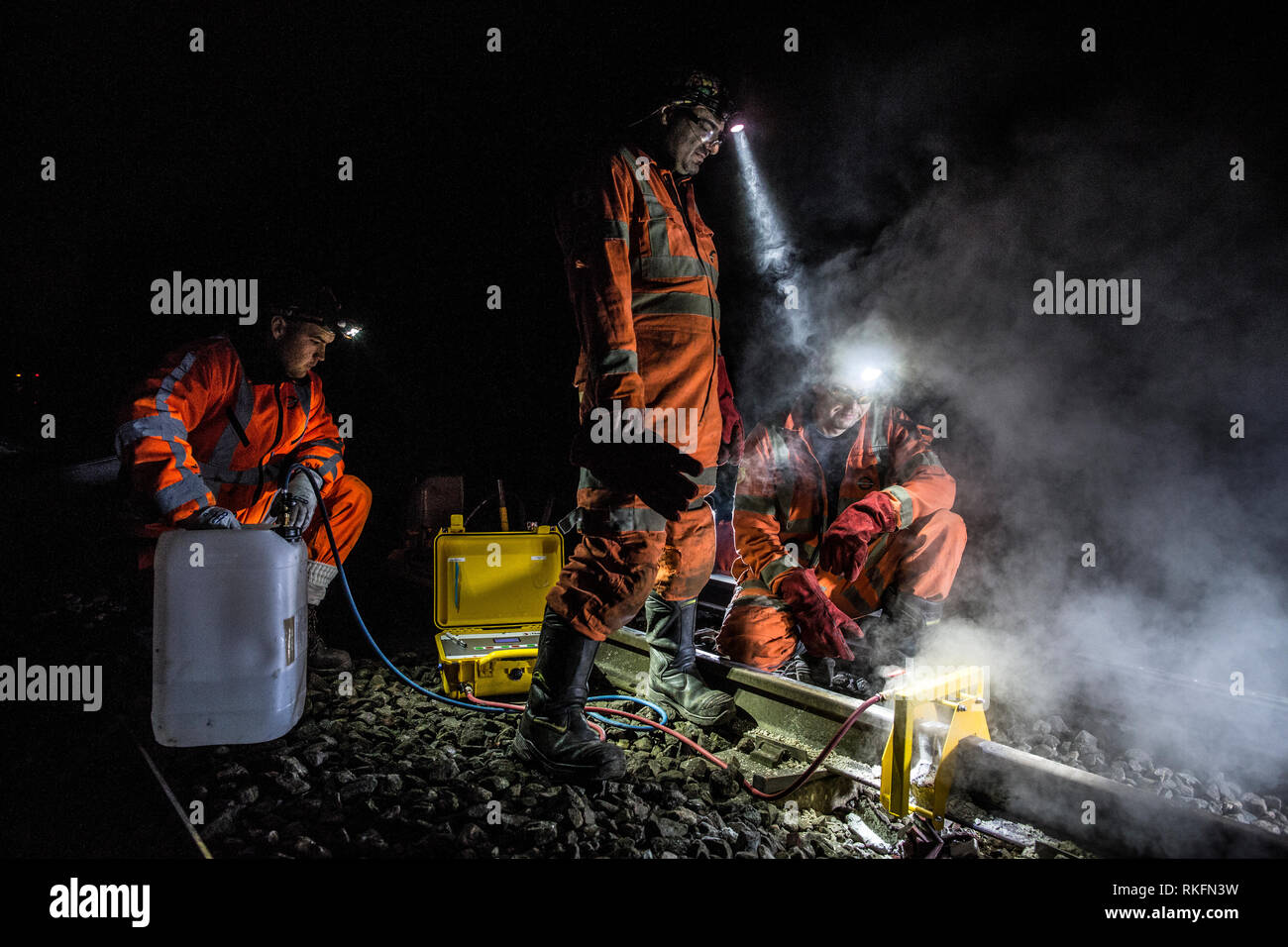 Track renewal engineers working during the night to replace sections of ...