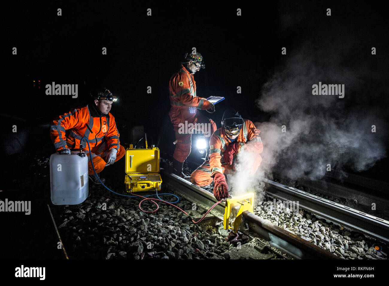 Track renewal engineers working during the night to replace sections of ...