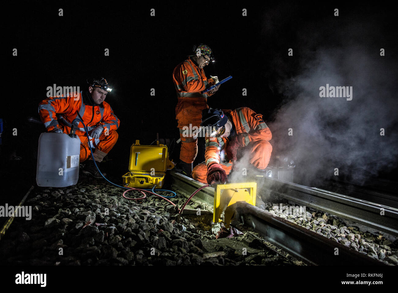 Track renewal engineers working during the night to replace sections of ...