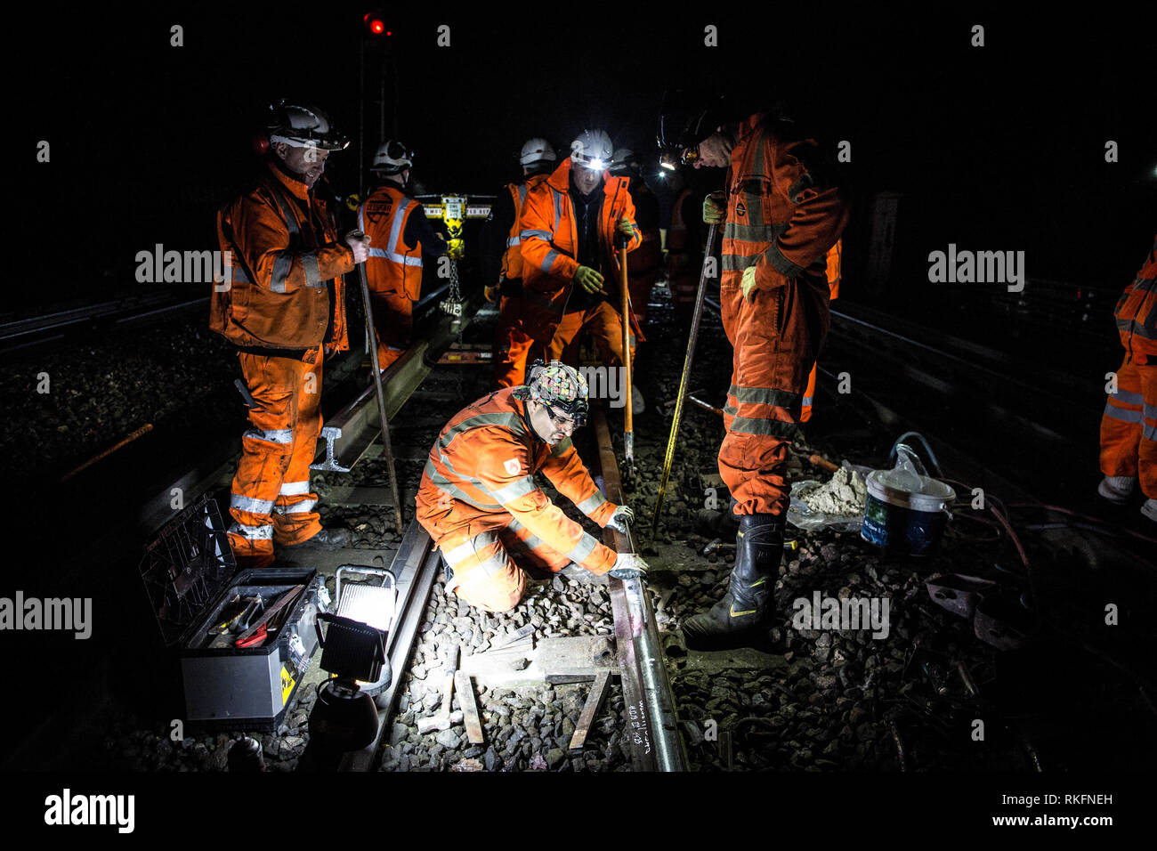 Track renewal engineers working during the night to replace sections of ...