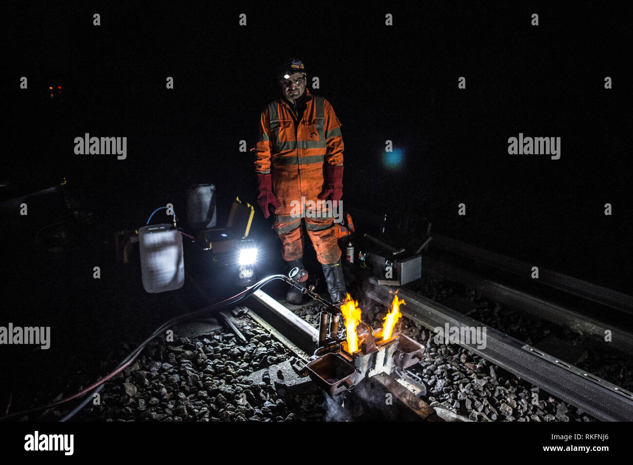 Track renewal engineers working during the night to replace sections of ...