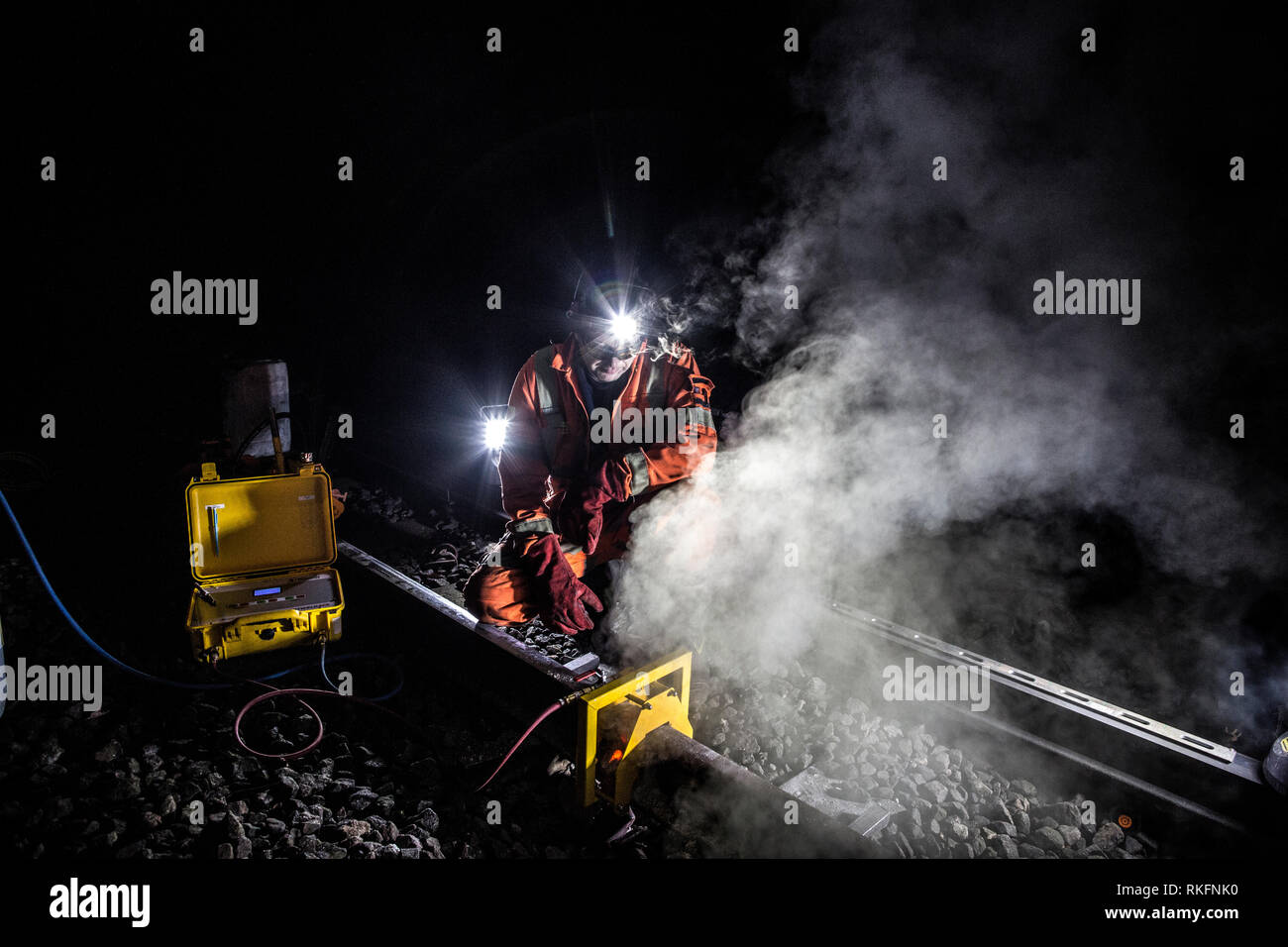 Track renewal engineers working during the night to replace sections of ...