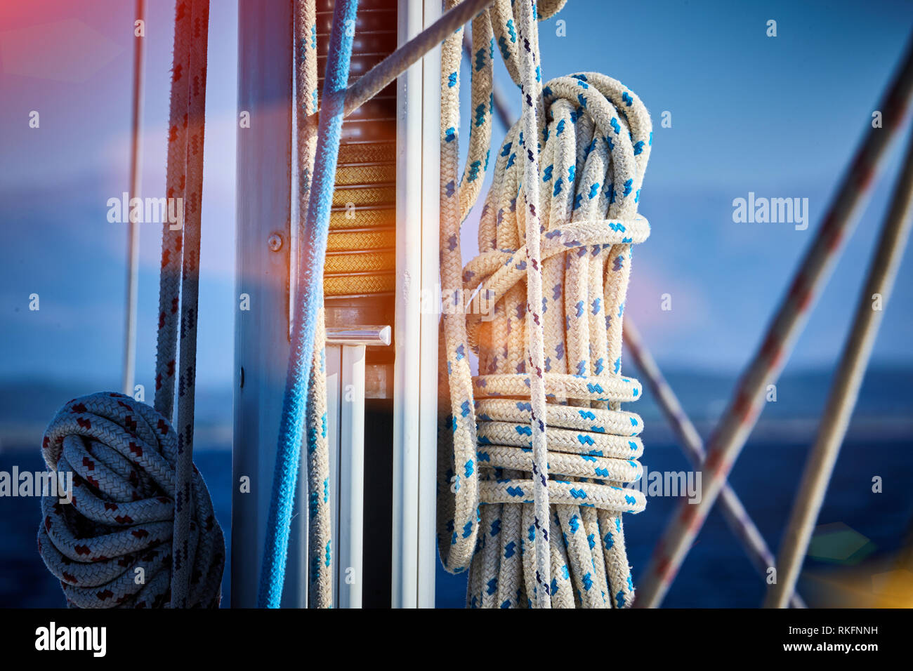 sailing ropes on a yacht close-up. line used to control the angle of ...