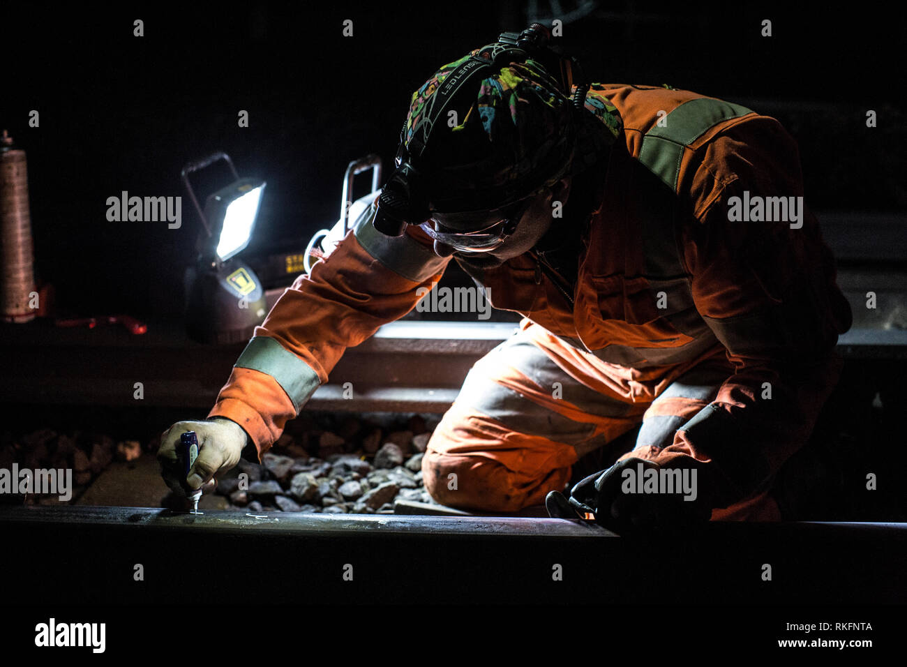 Track renewal engineers working during the night to replace sections of ...