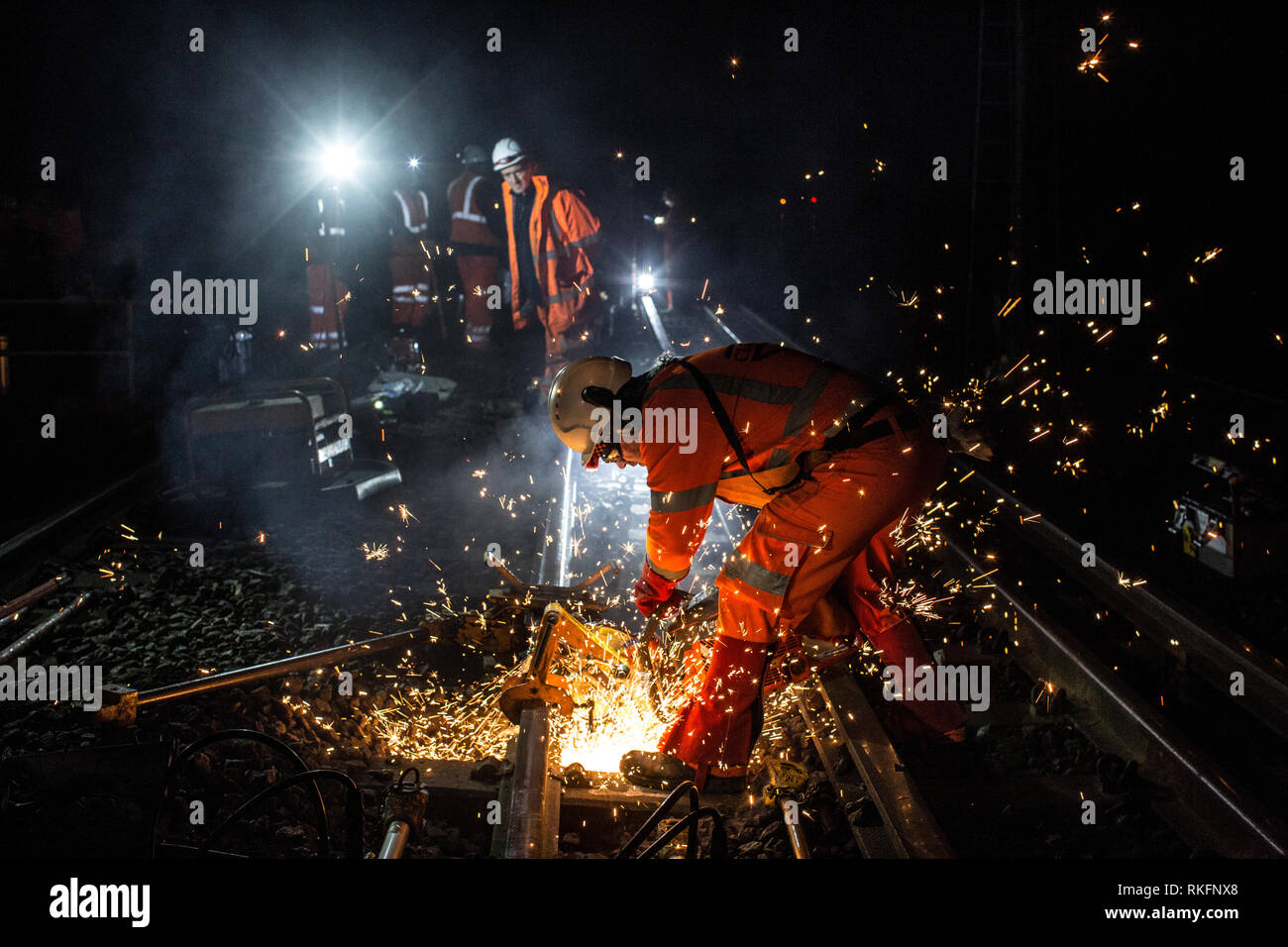Track renewal engineers working during the night to replace sections of ...