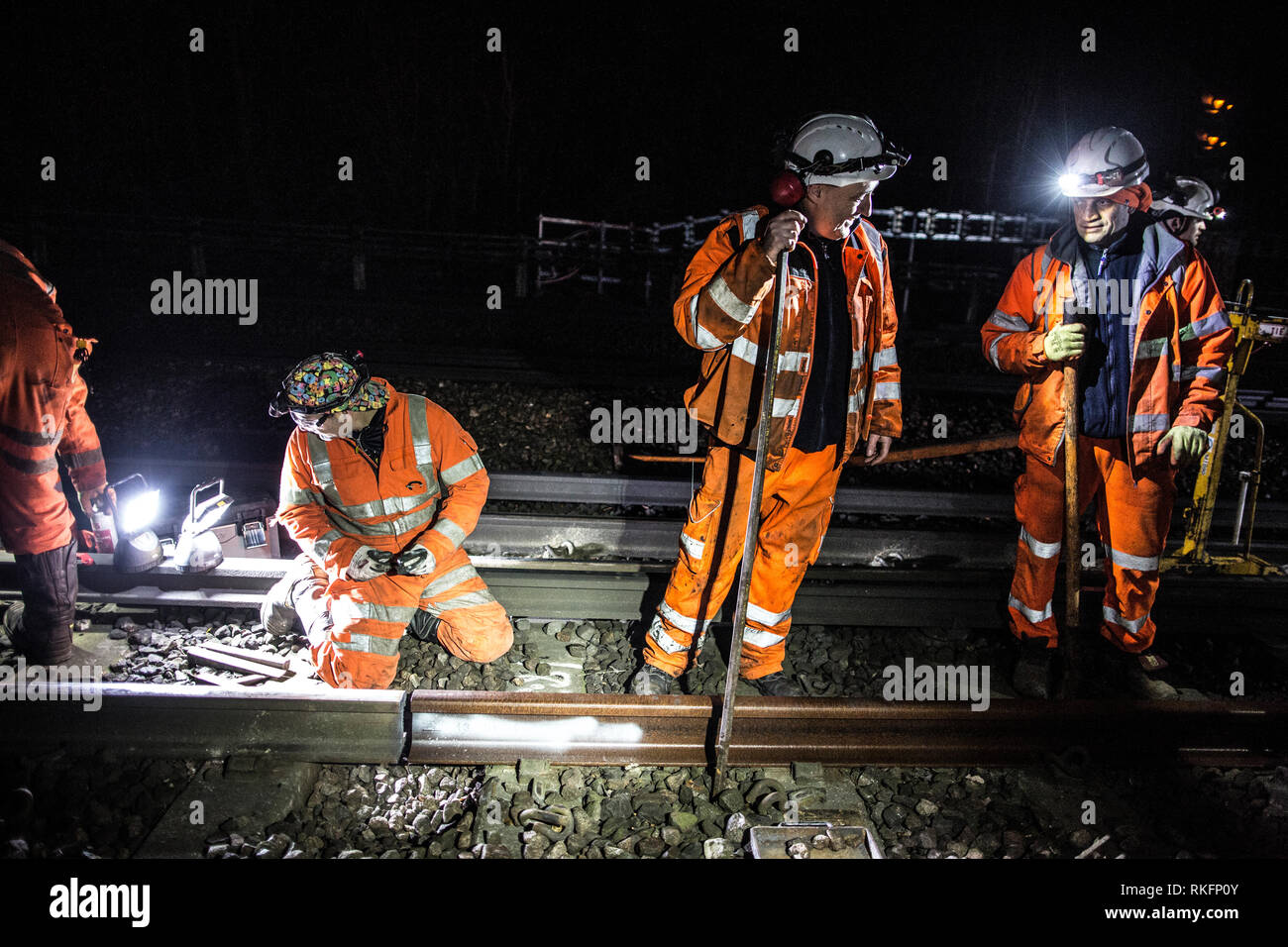 Track renewal engineers working during the night to replace sections of ...