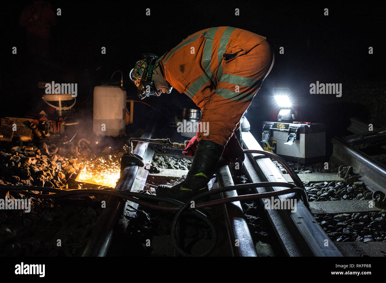 Track renewal engineers working during the night to replace sections of ...