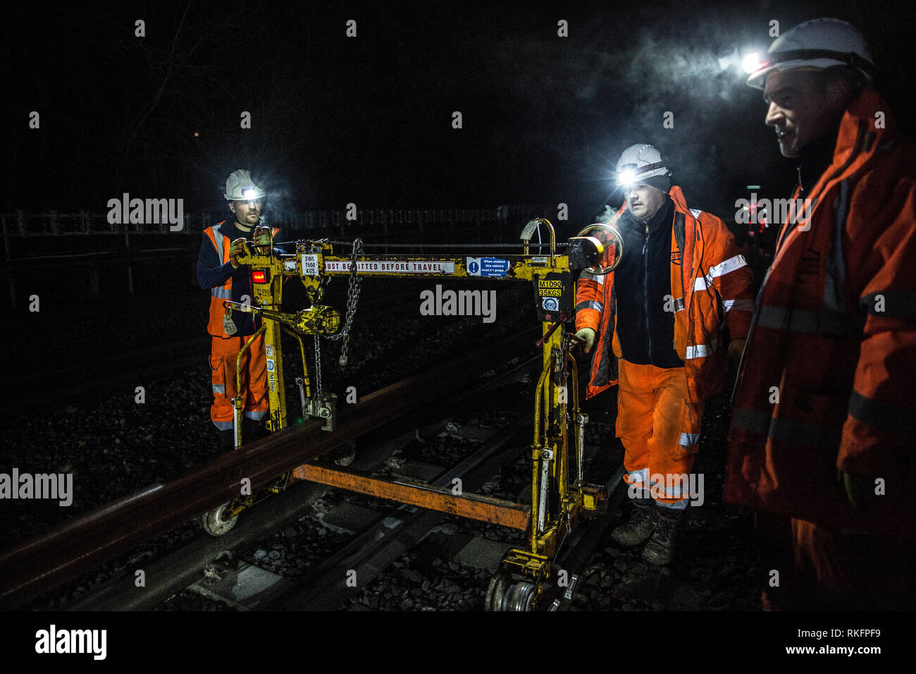 Track renewal engineers working during the night to replace sections of ...
