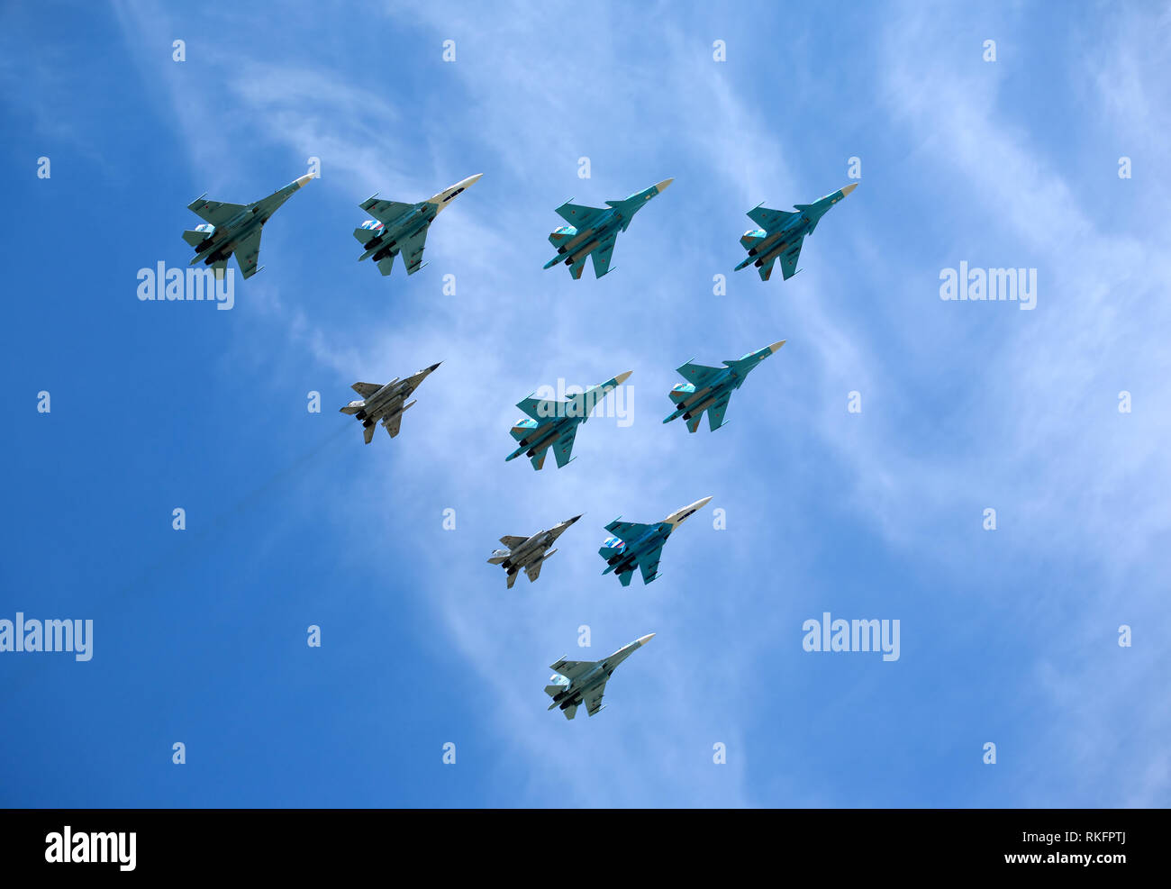 Russian military aircraft fighters SU-27 and MIG-29in flight against ...