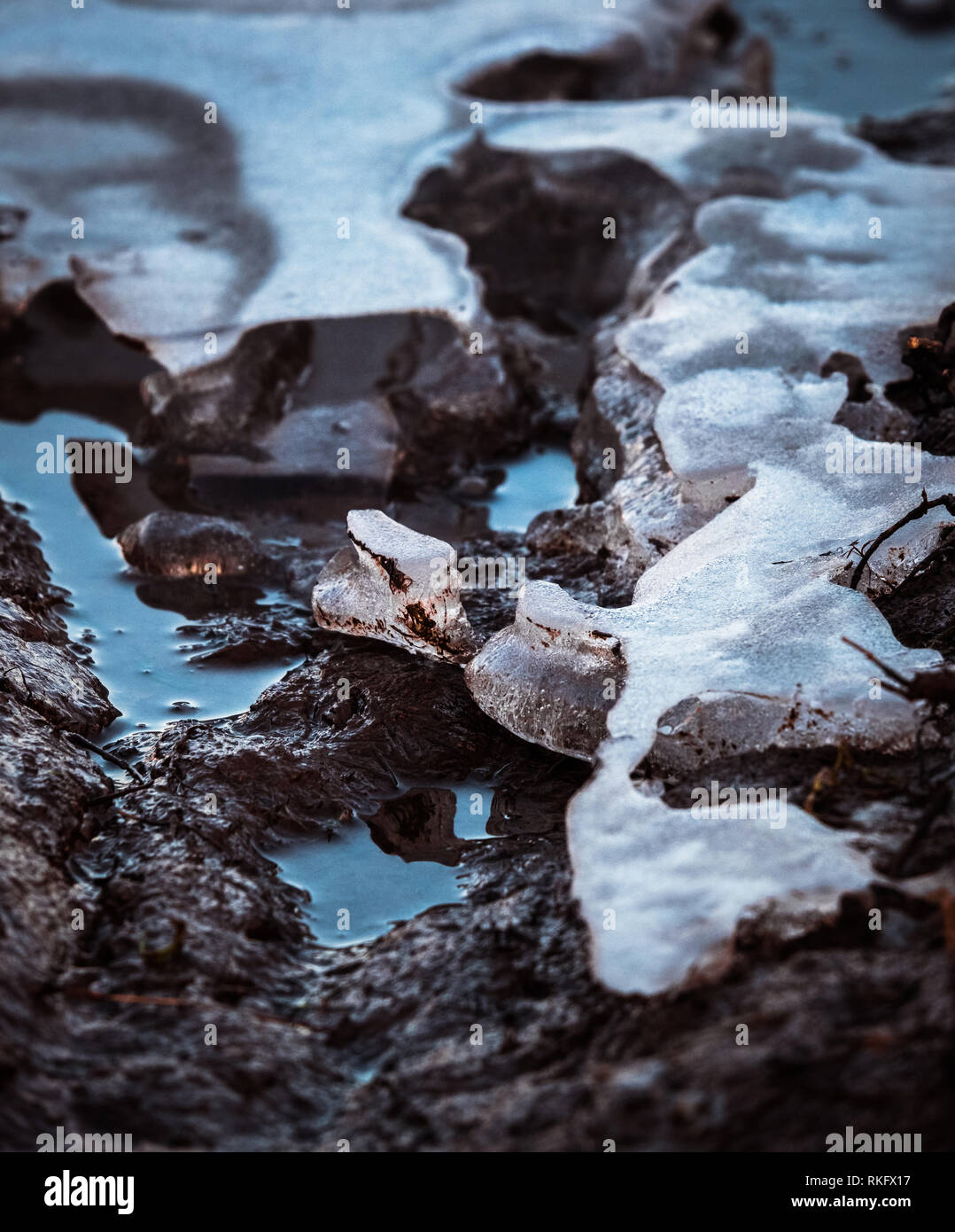 Melting snow and ice turning into mud and puddle Stock Photo - Alamy