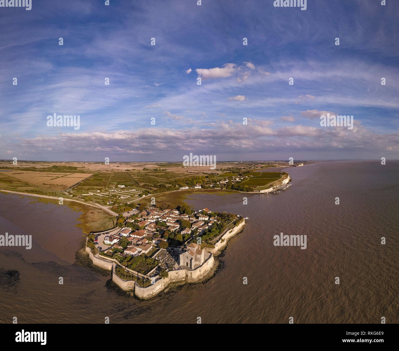 Aerial view Sainte-Radegonde medieval Church, Talmont sur Gironde ...