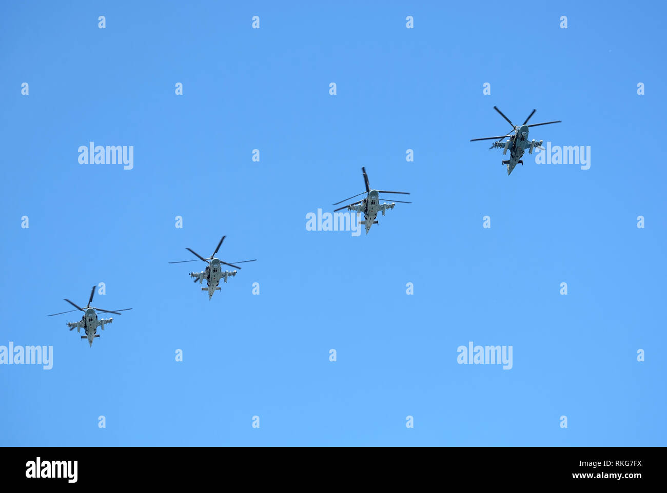 Group of four Russian military helicopters KA-52 Alligator (Hokum B) in ...