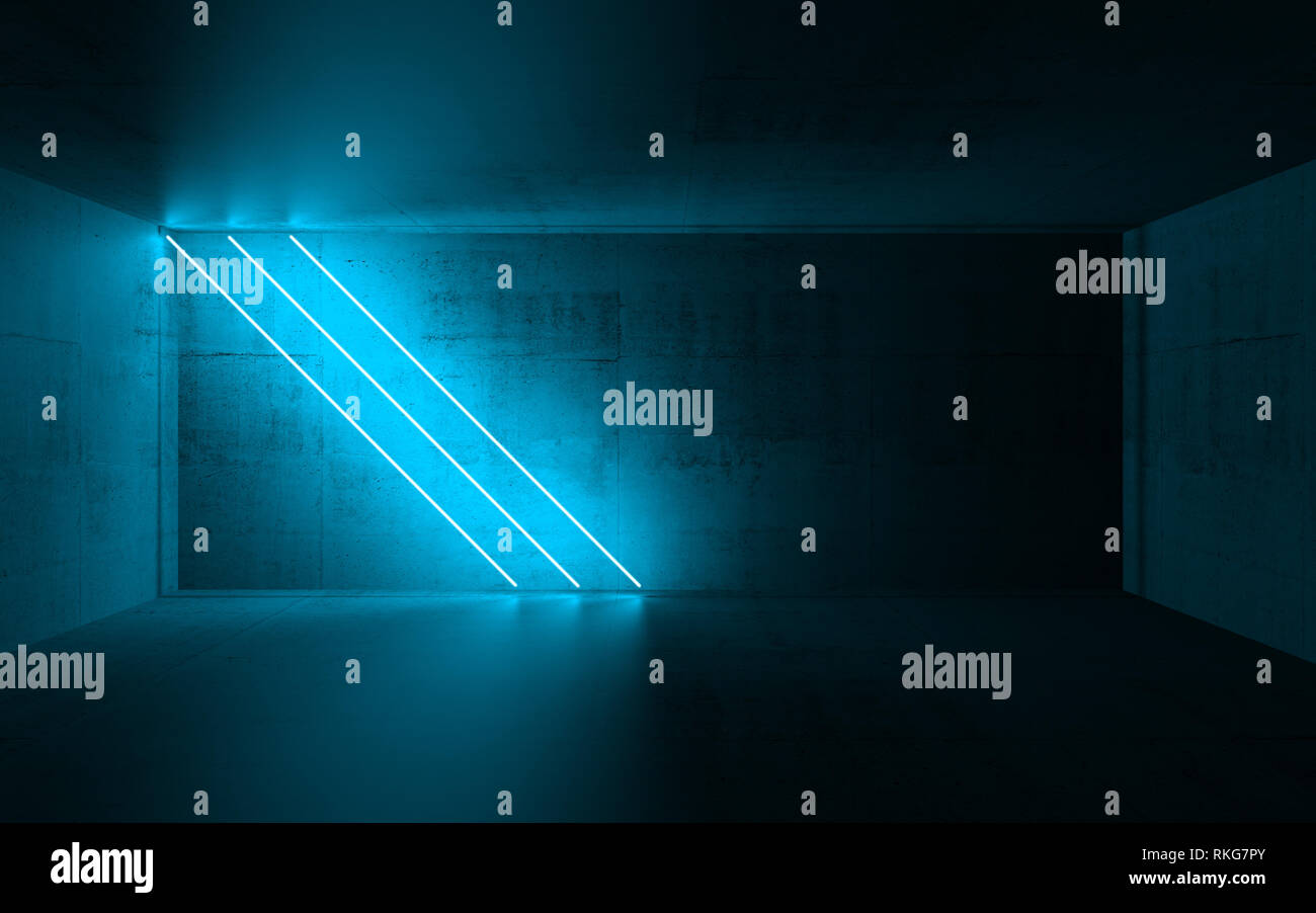 Abstract empty dark concrete interior with three diagonal cyan neon ...