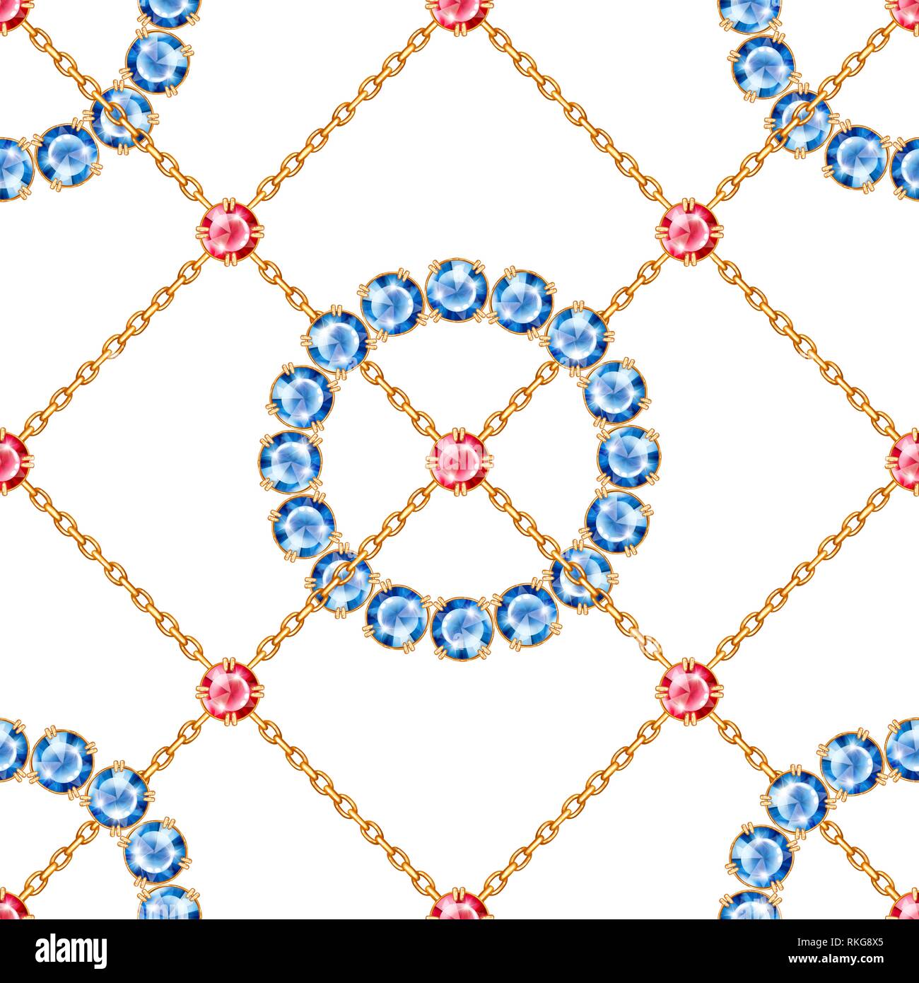 Seamless pattern with crossed golden chains and round gemstones Stock ...