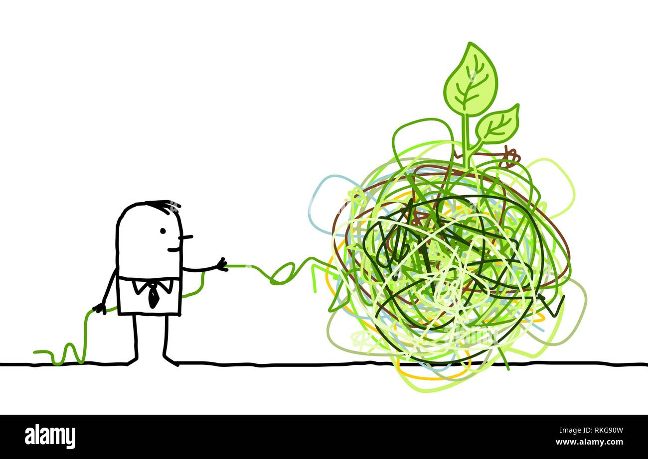 Cartoon man untangling a big green knot Stock Vector Image & Art - Alamy