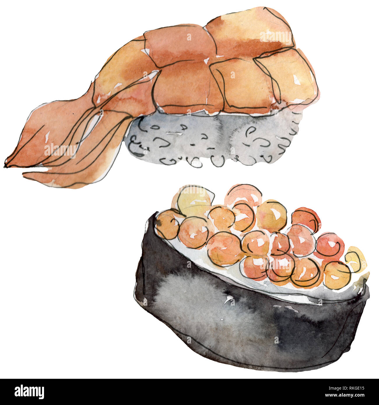 Watercolor sushi set of beautiful tasty japanese food illustration ...