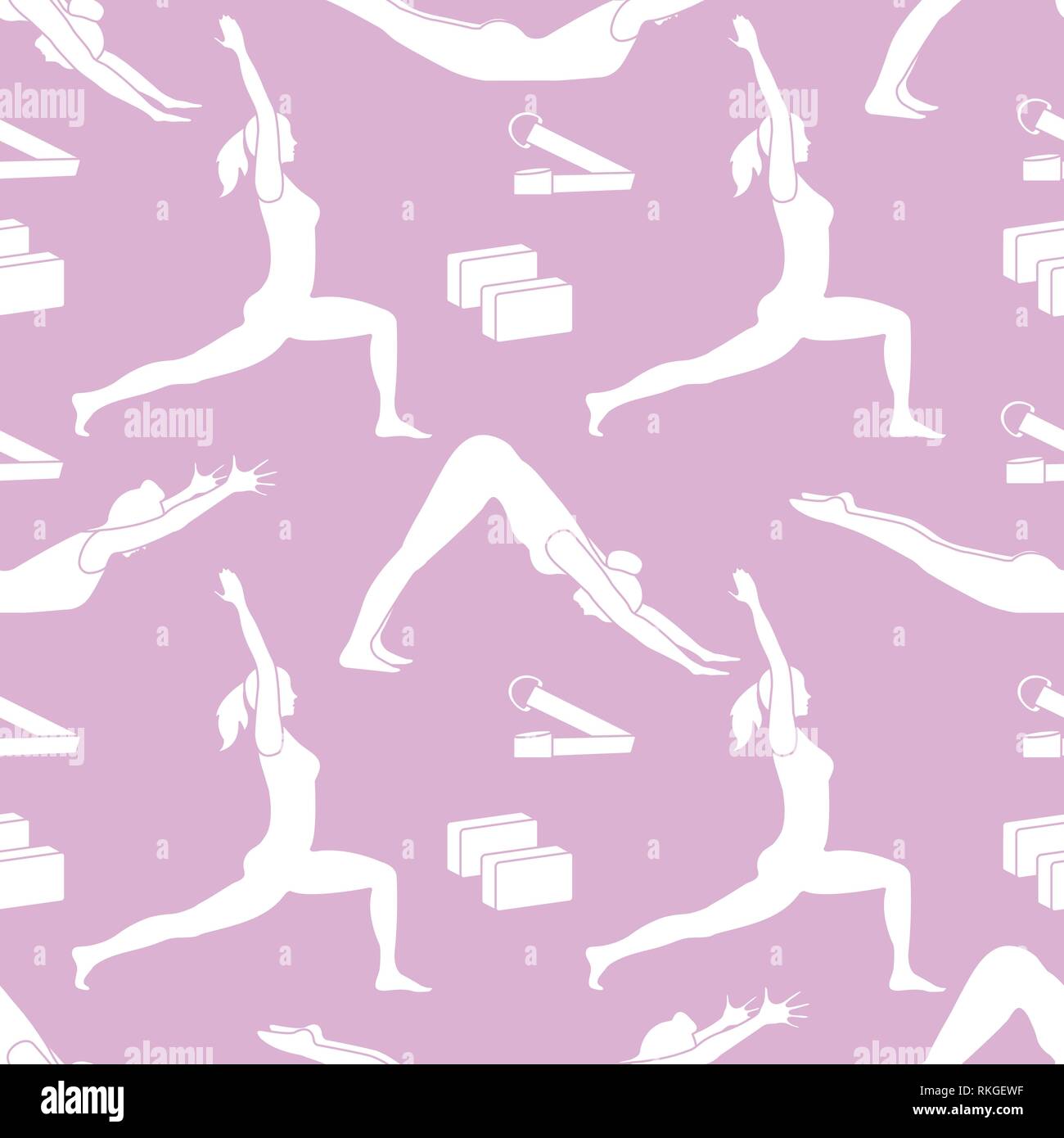 Seamless pattern with women in yoga poses, blocks, belt for yoga. Relax ...