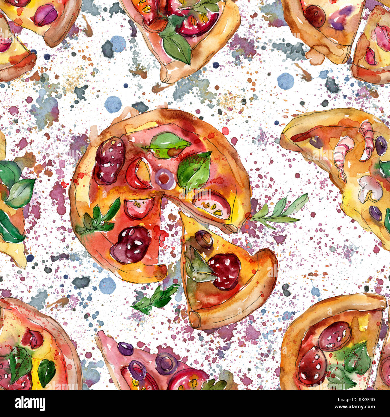 Fast food itallian pizza in a watercolor style isolated set ...