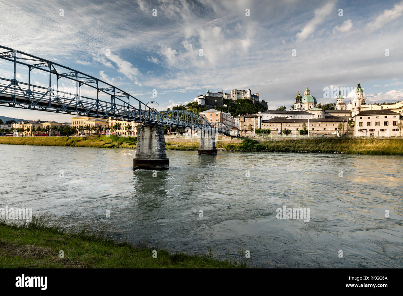 Mozartsteg bridge and Old Town across the Salzach river with the ...
