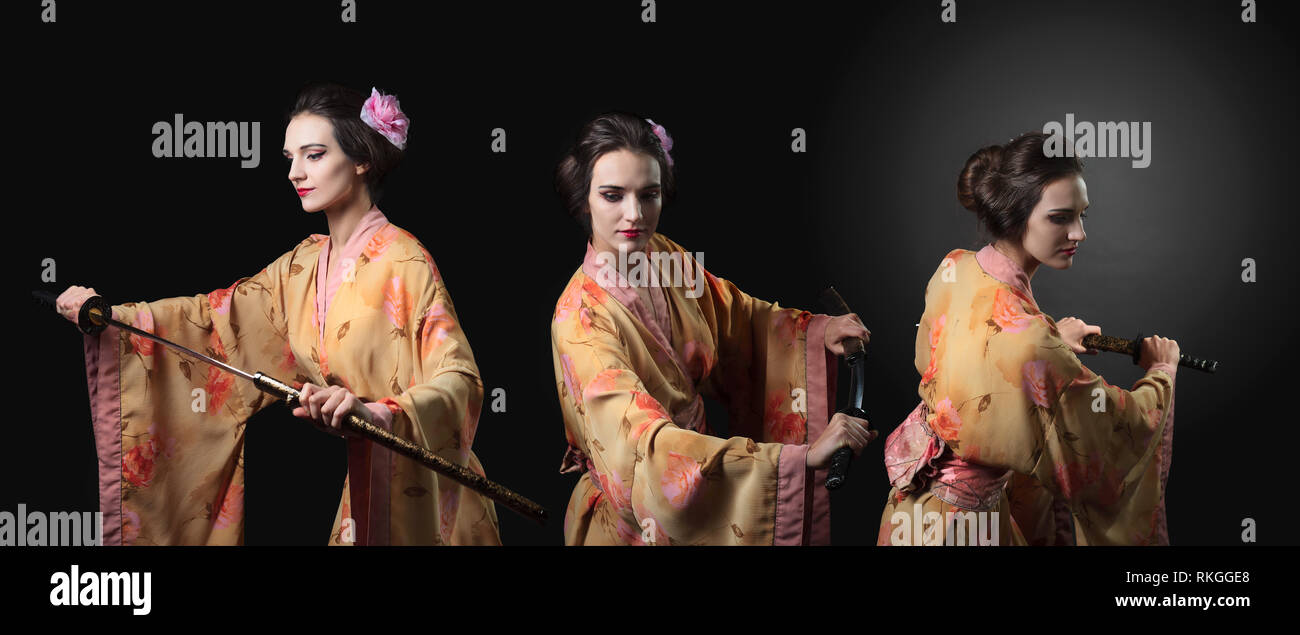 Beautiful woman in traditional Japanese kimono with katana. Attractive ...
