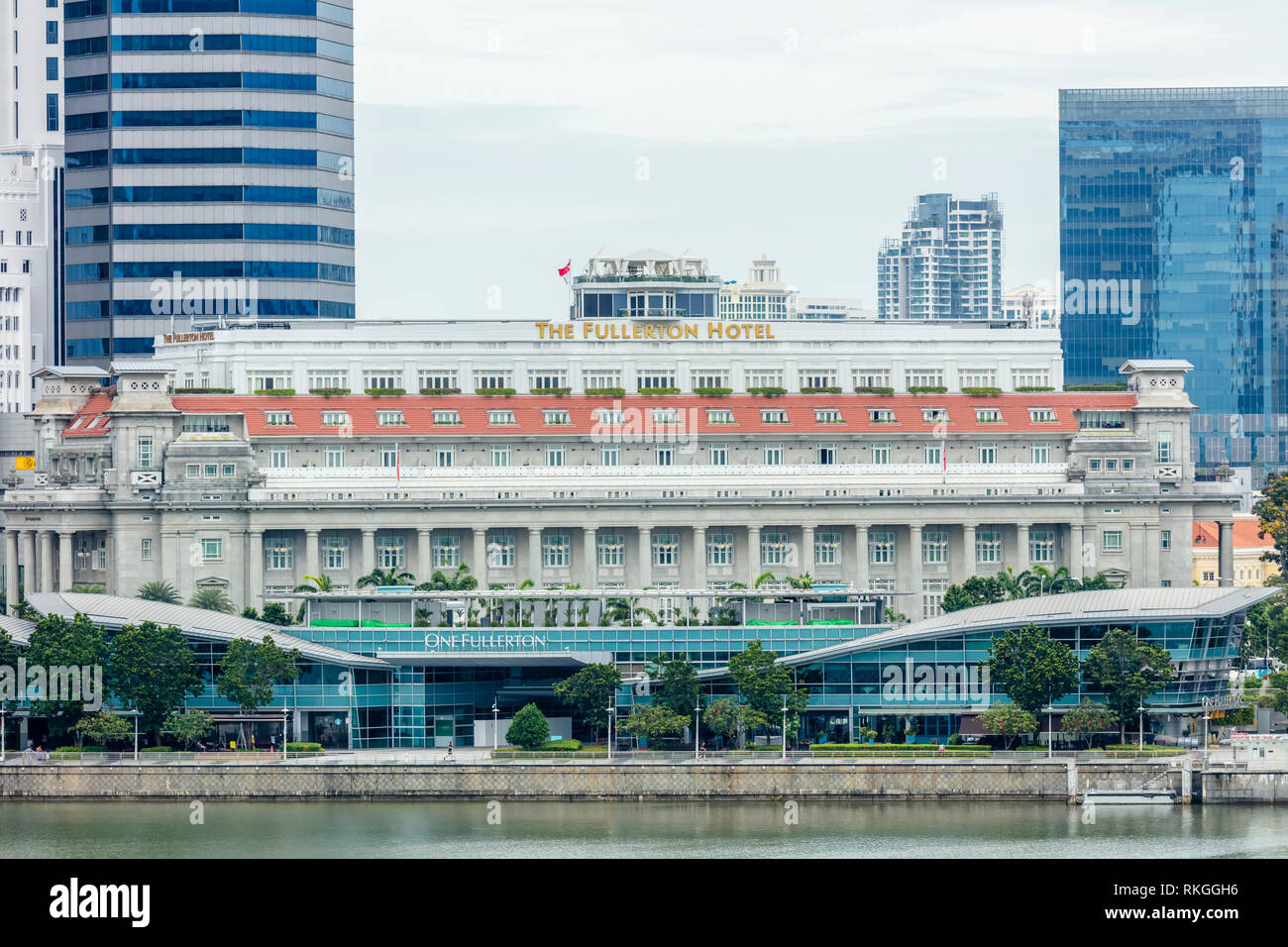 Fullerton Hotel Singapore aerial view of exterior architectural facade ...