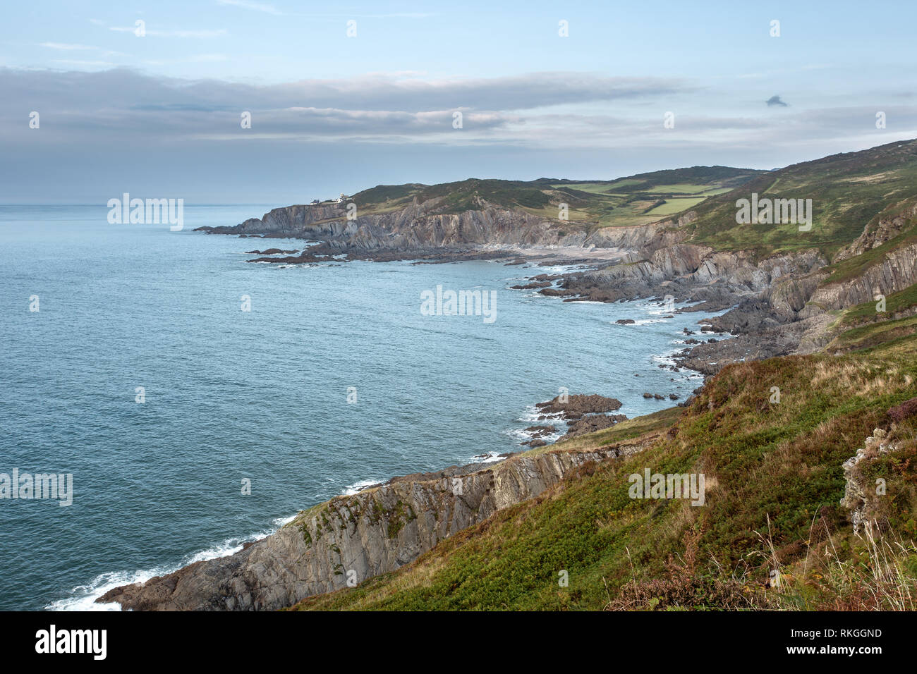 View over Rockham Bay and Bull Point lighthouse near Illfracombe Devon ...
