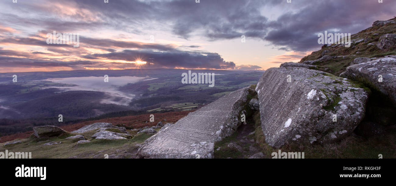 Sunset at the Commandments stones on Buckland Beacon Dartmoor national ...