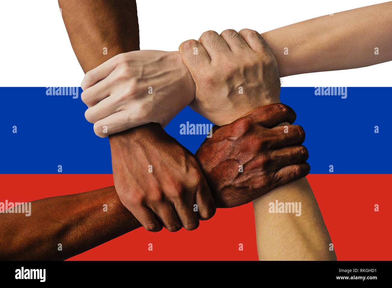 Russia flag, intergration of a multicultural group of young people ...