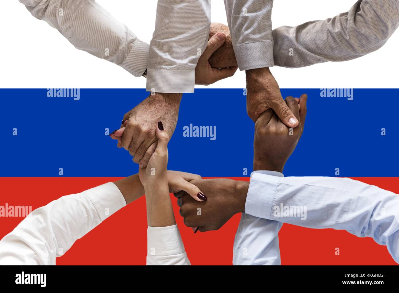 Russia flag, intergration of a multicultural group of young people ...