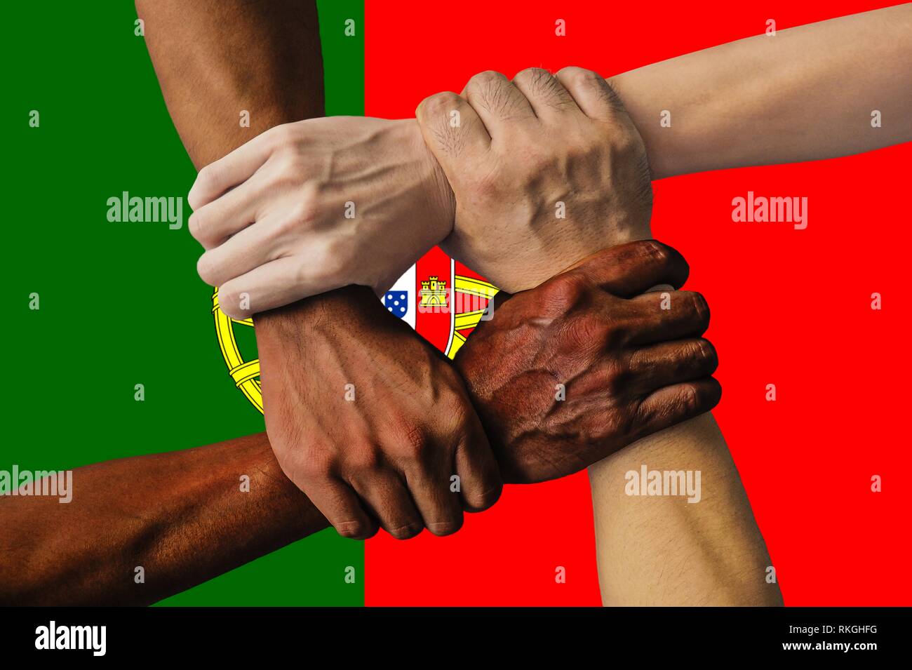 Portugal flag, intergration of a multicultural group of young people ...