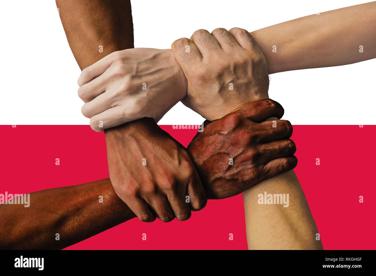 Poland flag, intergration of a multicultural group of young people ...