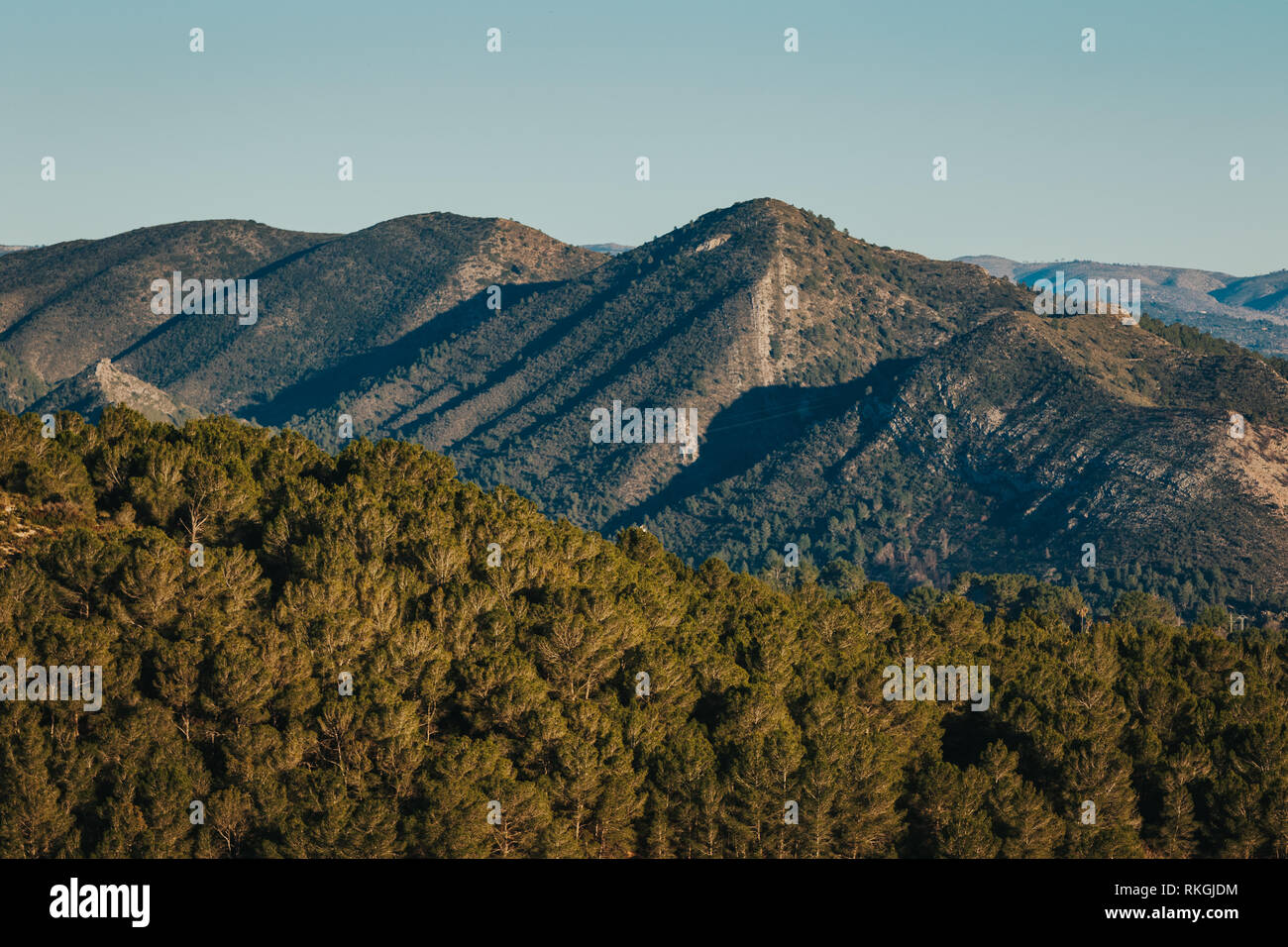Mountains with tree line in foreground in Spain Stock Photo - Alamy
