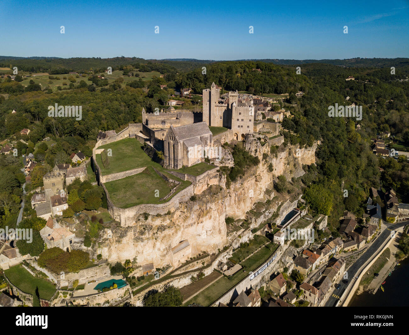 Chateau de Beynac, village of Beynac-et-Cazenac, aerial view from ...