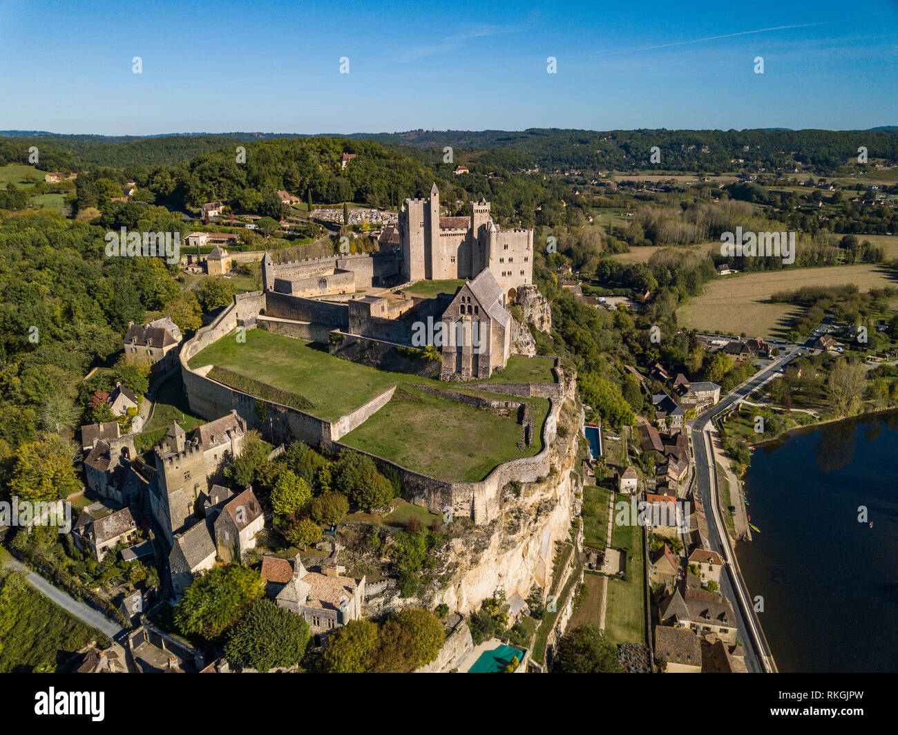 Chateau de Beynac, village of Beynac-et-Cazenac, aerial view from ...