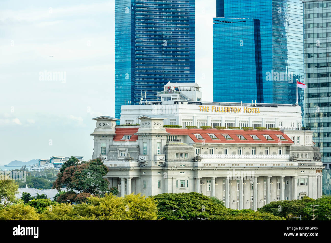 Fullerton Hotel Singapore aerial view of exterior architectural facade ...