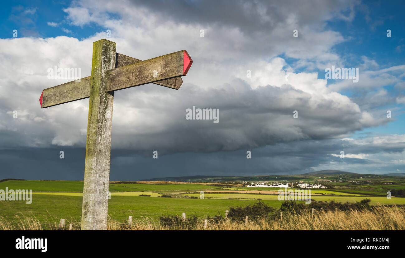 Close-up cross road signpost on the rainy sky background. Northern ...