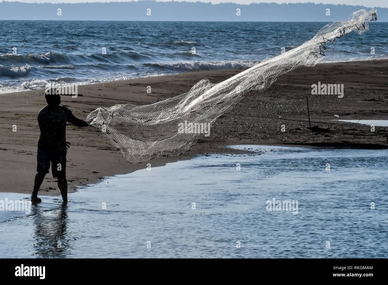 Alpheios, Greece - August 17, 2018: Fisherman casting net during ...