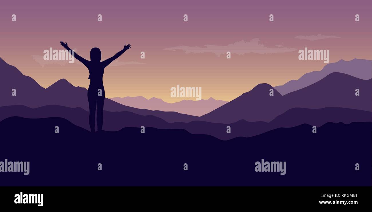 happy girl with raised arms at beautiful purple mountain nature ...