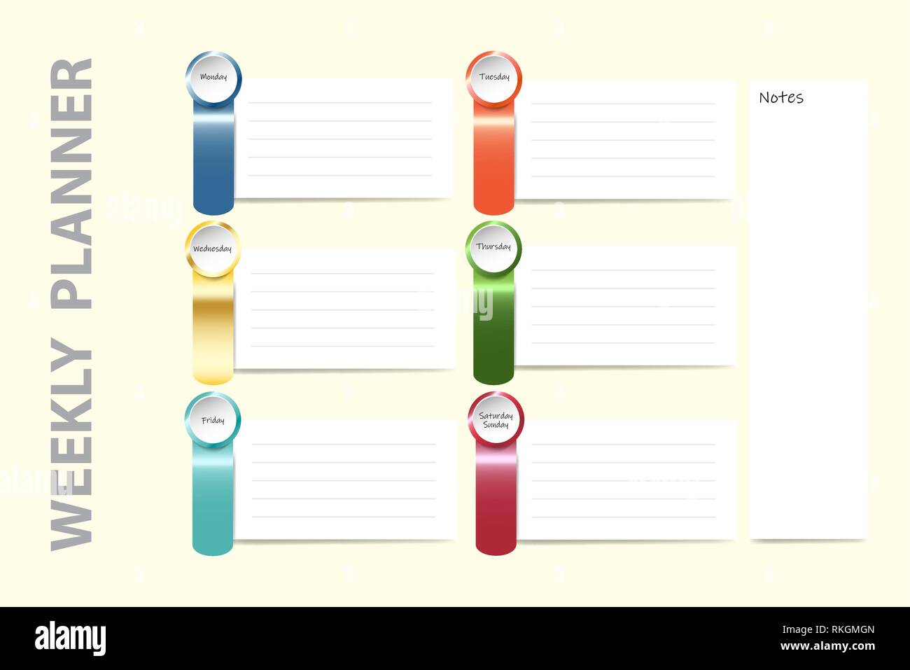 Weekly planner with colored metal clasps and white labels for each day ...