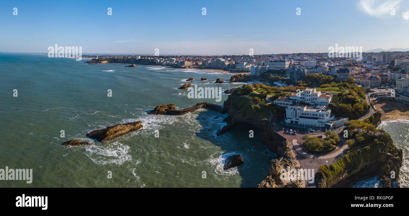 Biarritz city and its famous sand beaches, Miramar and La Grande Plage ...